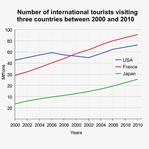 Band 8: The graph below shows the number of international tourists visiting three different ...