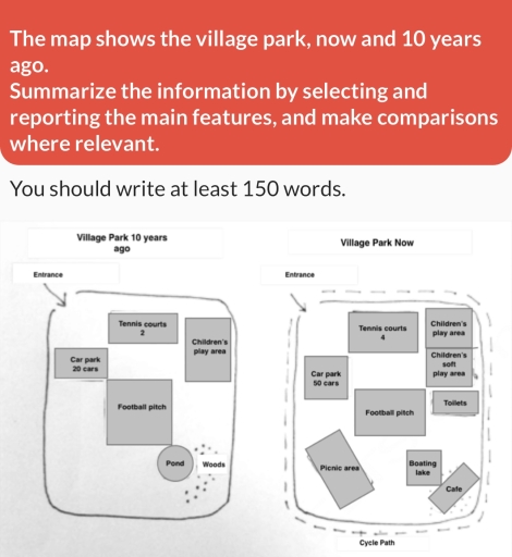 Band 7: The map shows the village park, now and 10 years ago. Summarize ...