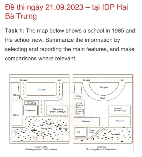 The map shows a school in 1985 and the school now. Summarize the ...