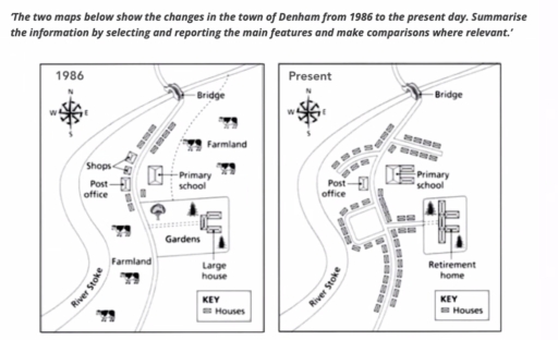The two maps below show the changes in the town of Denham from 1986 to ...