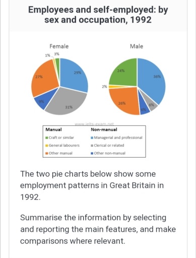 Band 6: The two pie charts below show some employment patterns in Great ...