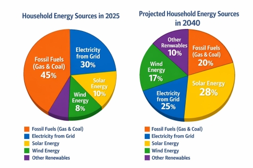 Household Energy Sources in 2025 • Fossil fuels (gas & coal): 45% ...