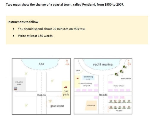 Two maps show the change of coastal town, called Petland, from 1950 to ...