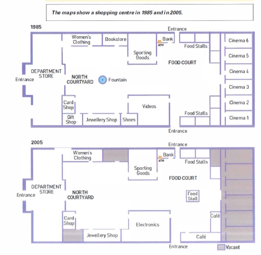 Band 6: Tile maps show a shopping center in 1985 and in 2005. (User ...