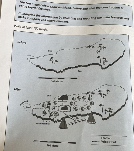 The two maps below show an island, before and after construction of some tourist facilities ...