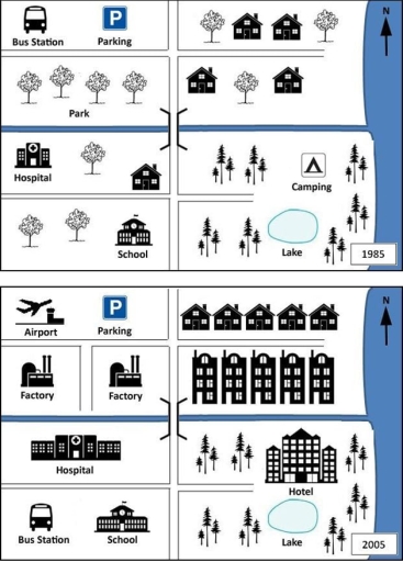 The maps below show the same city in 1985 and 2005. Summarise the ...