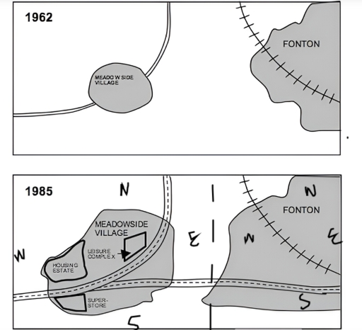 The maps below show the village of Meadowside in 1962, 1985 and at present time Summarise the ...