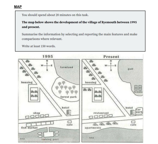 Band 4: The map below shows the development of the village of Reymouth between 1995 and present ...