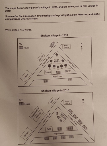 Band 4: The maps below show part of a village in 1910, and the same part of that village in 2010 ...