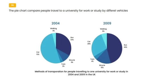 Band 7: the pie charts compare people travel to a university for work ...