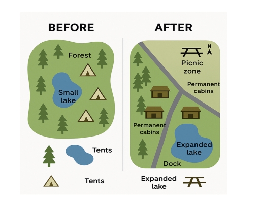 The maps show the before and after redeveloping a campsite. Describe ...
