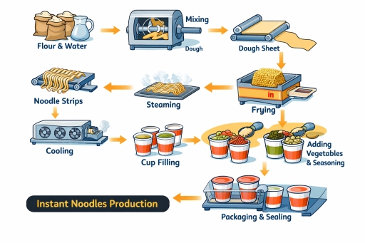 The flowchart illustrates the process of producing instant noodles ...