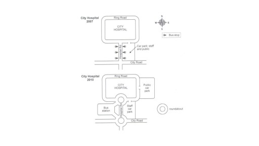 Band 4: The two maps below show road access to a city hospital in 2007 ...