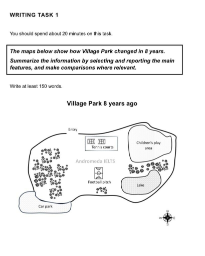 The maps below show how Village Park changed in 8 years. Summarize the information by selecting ...