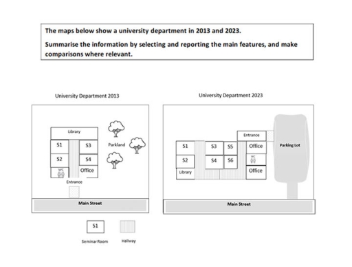 Band 6: the map below shows a university department in 2013 and 2023 ...