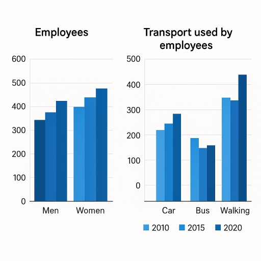Band 9: The charts below show the number of male and female employees ...