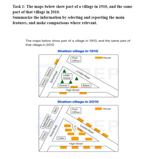Task 1: The maps below show part of a village in 1910, and the same part of that village in 2010 ...