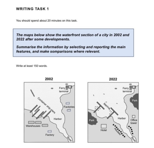 Band 8: The maps below show thethe waterfront section of a city in 2002 ...