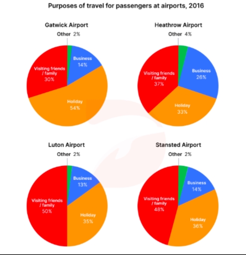 Band 5: The pie charts show the reasons (visiting friends/family ...