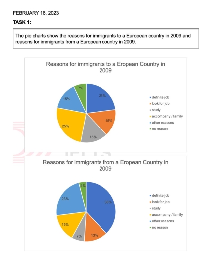 Band 8: The pie charts show the reasons dor immigrents to a European ...