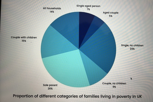 The pie chart below shows the proportion of different categories of families living in poverty ...